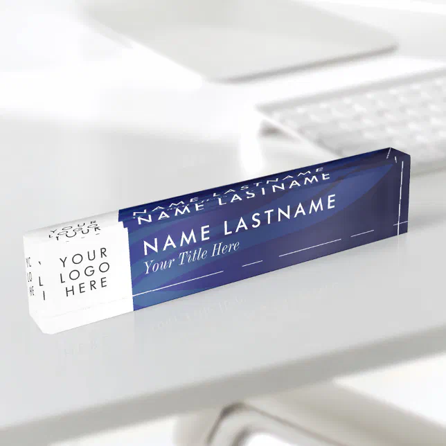 Custom Logo Elegant Navy Blue Waves White Desk Name Plate | Zazzle