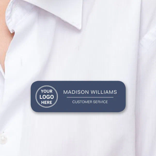 Custom Logo Employee Magnetic Navy Name Tag | Zazzle