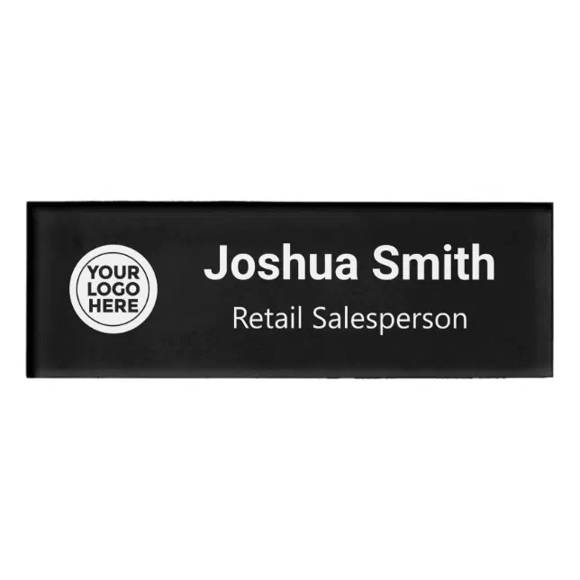 Custom Logo Employee Modern Black Name Tag | Zazzle