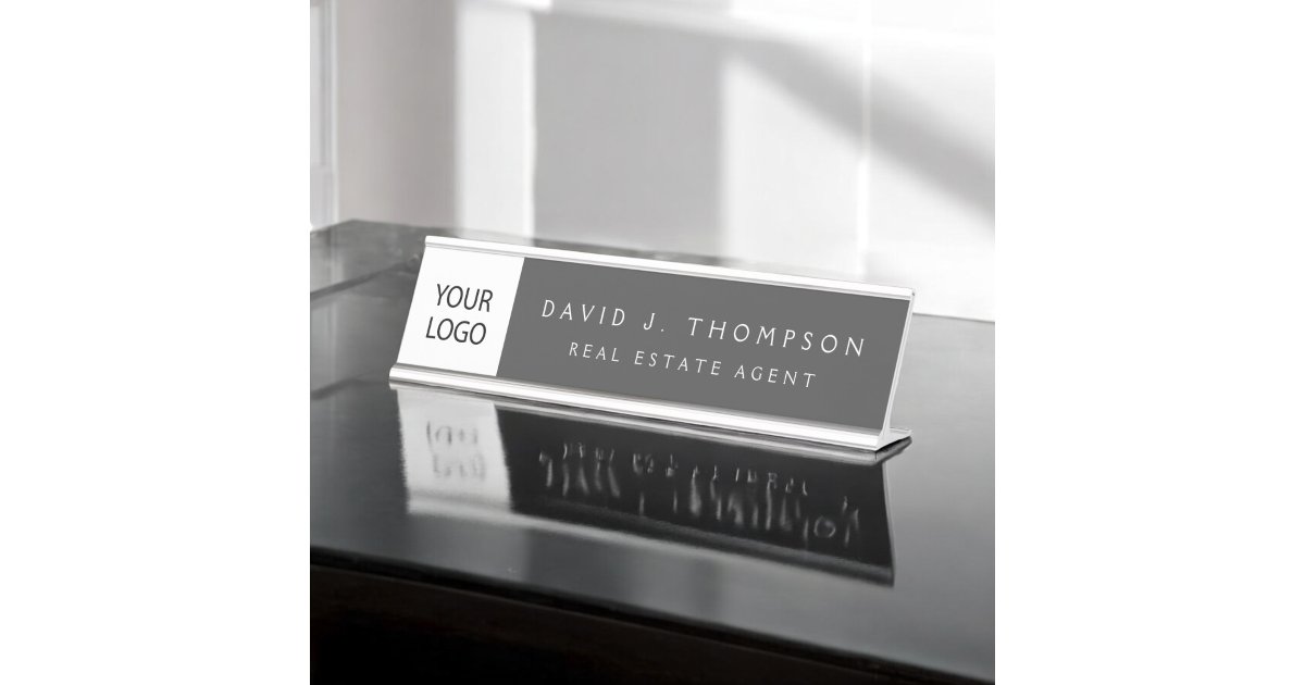 Custom Logo Executive Grey Professional Desk Name Plate | Zazzle