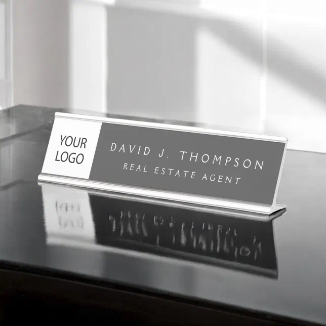 Custom Logo Executive Grey Professional Desk Name Plate | Zazzle