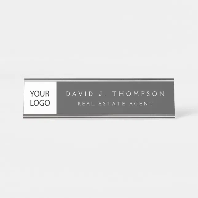 Custom Logo Executive Grey Professional Desk Name Plate | Zazzle