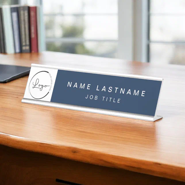 Custom Logo Executive Navy Blue Professional Desk Name Plate | Zazzle