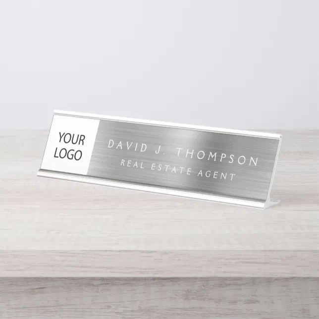 Custom Logo Executive Silver Professional Desk Name Plate | Zazzle