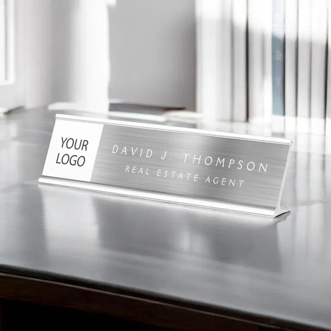 Custom Logo Executive Silver Professional Desk Name Plate | Zazzle