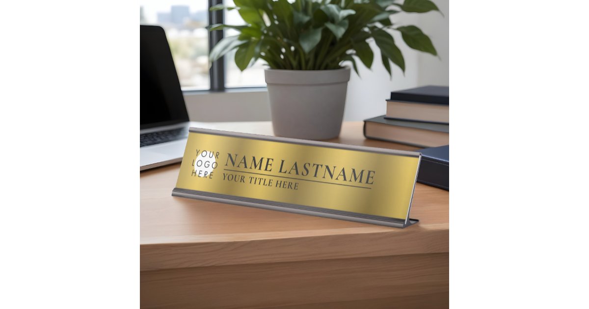 Custom Logo Faux Gold Classy Elegant Desk Name Plate | Zazzle