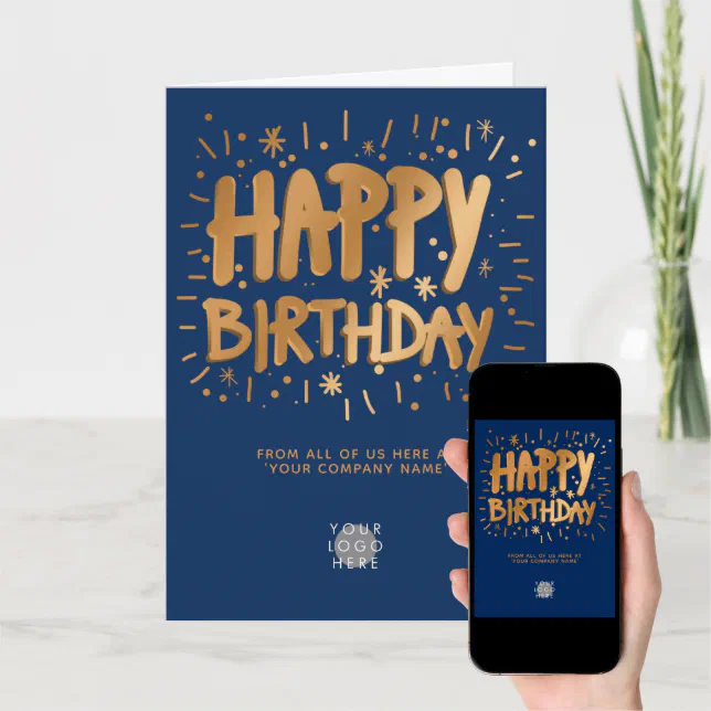 Custom Logo Faux Gold Fun Happy Birthday Navy Blue Card | Zazzle