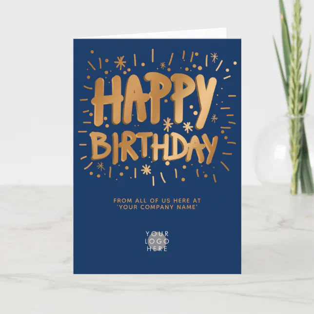 Custom Logo Faux Gold Fun Happy Birthday Navy Blue Card | Zazzle