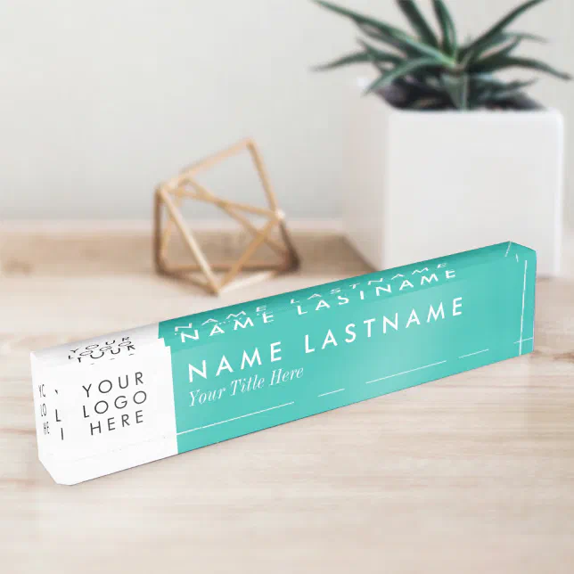 Custom Logo Fresh Turquoise Blue White Desk Name Plate | Zazzle
