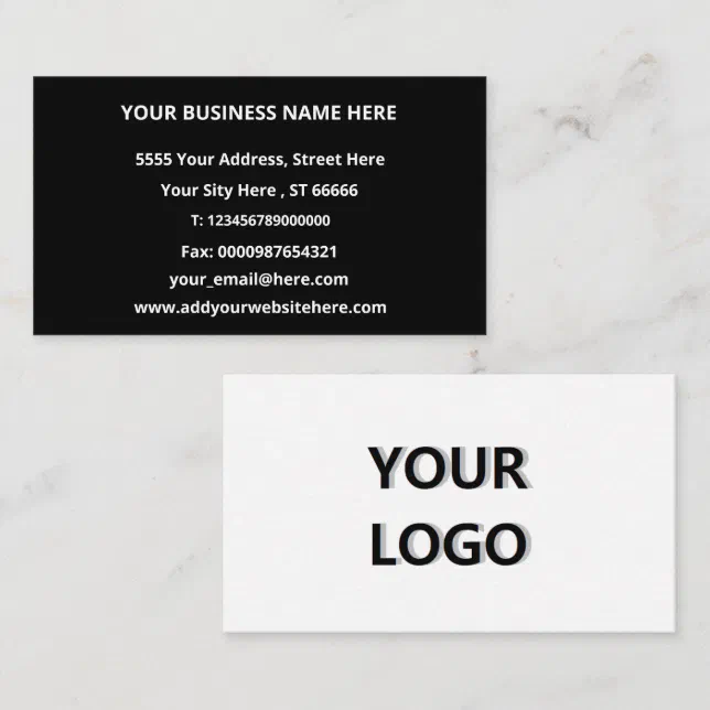 Custom Logo Full Contact Information - Black White Business Card | Zazzle
