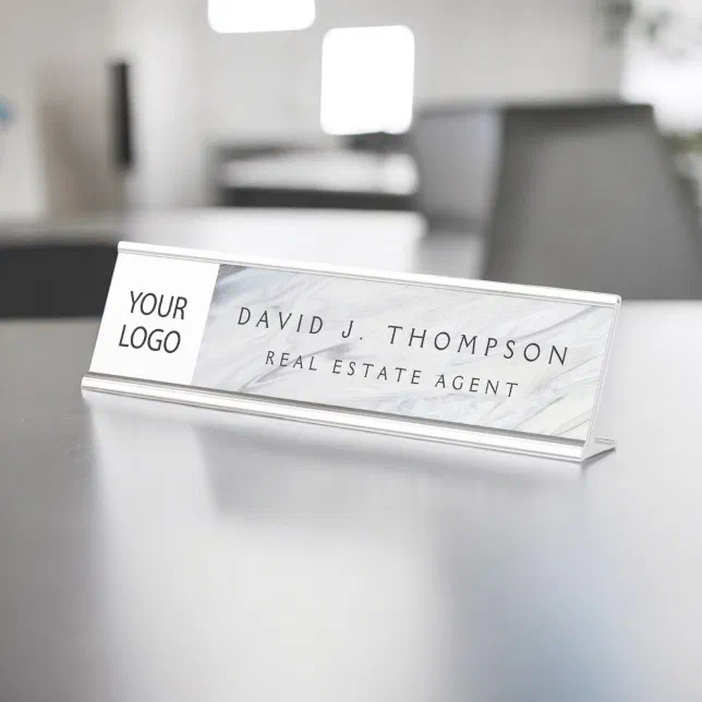 Custom Logo Grey White Marble Professional Desk Name Plate | Zazzle