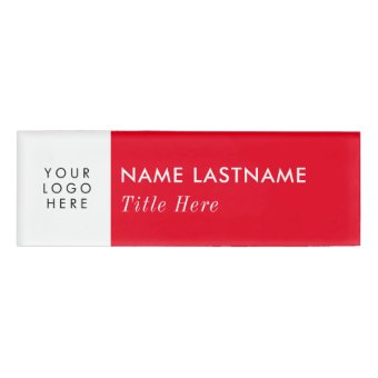Custom Logo Here Bright Red Elegant White Title Name Tag | Zazzle