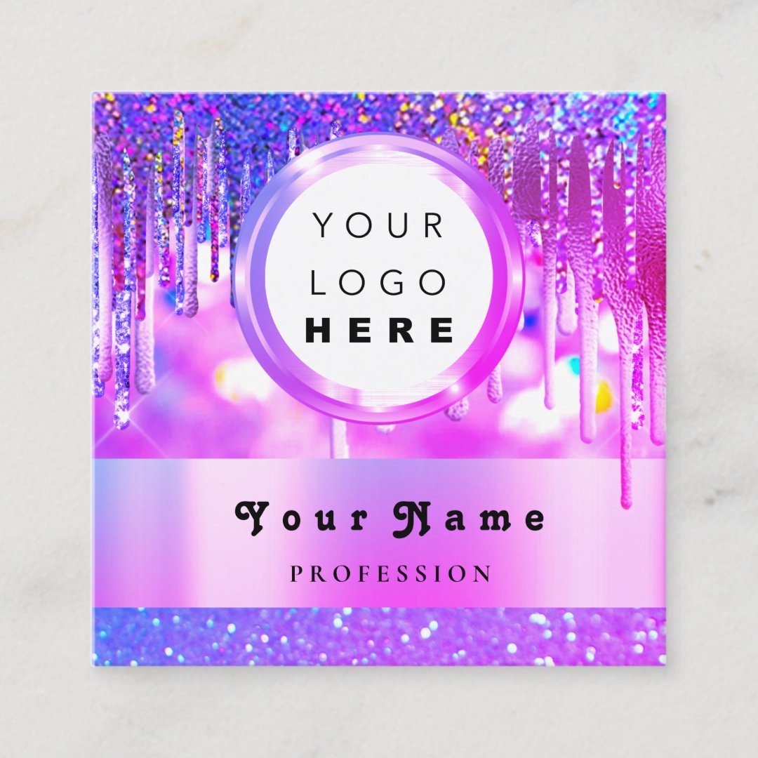 Custom Logo Holographic Pink Glitter Drips VIP Square Business Card ...