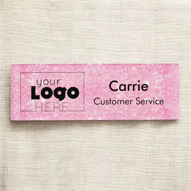 Custom Logo Hot Pink Glitter Employee Name Tag | Zazzle