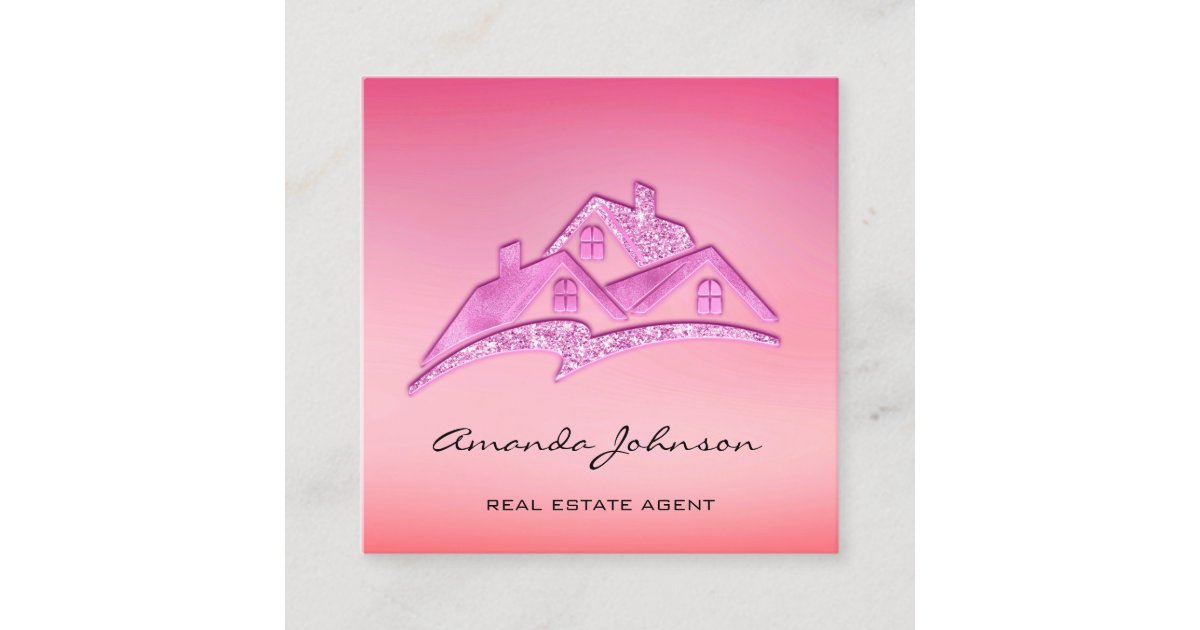 Custom Logo House Real Estate Agent Home Pink Glam Square Business Card ...