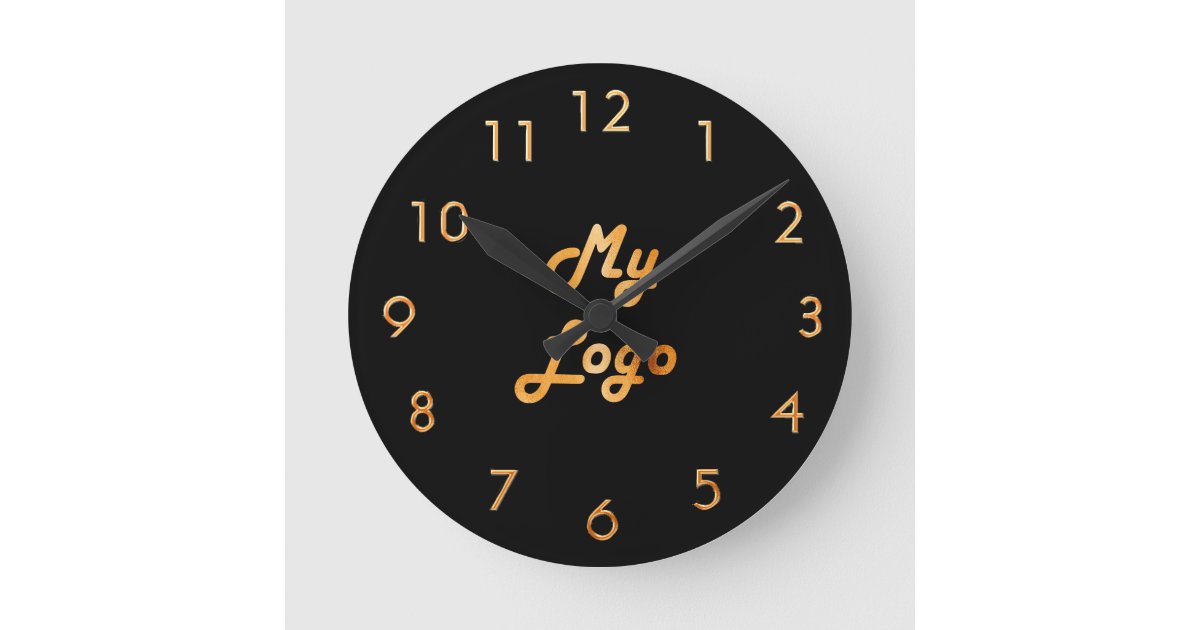 Custom logo image business black gold round clock | Zazzle
