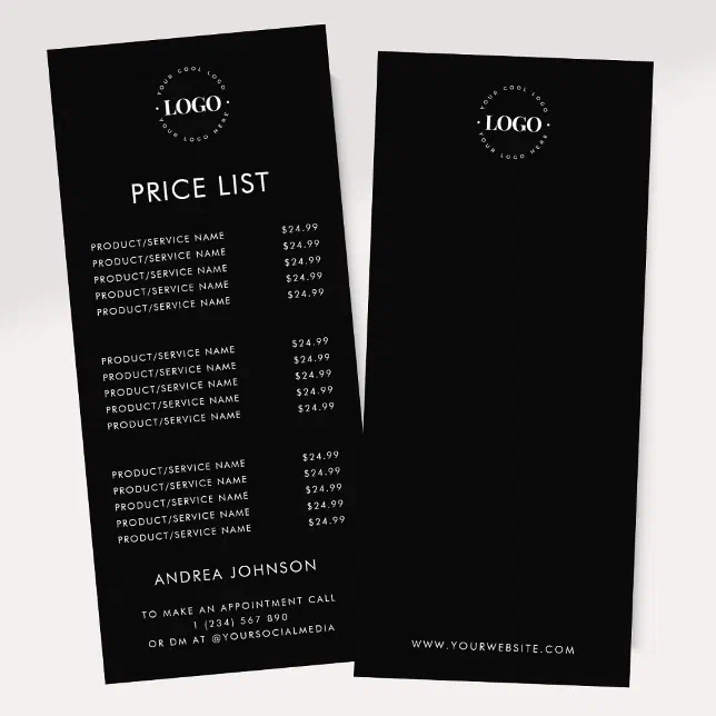 Custom Logo Minimalist Black Services Price List Rack Card | Zazzle