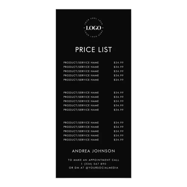Custom Logo Minimalist Black Services Price List Rack Card | Zazzle