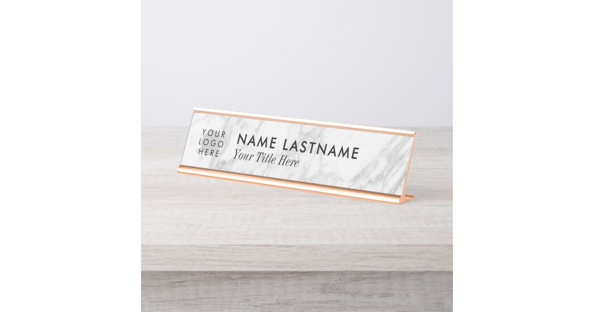 Custom Logo Minimalist Grey White Marble Title Desk Name Plate | Zazzle