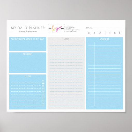 Custom Logo Modern Blue Printable Daily Planner Poster | Zazzle