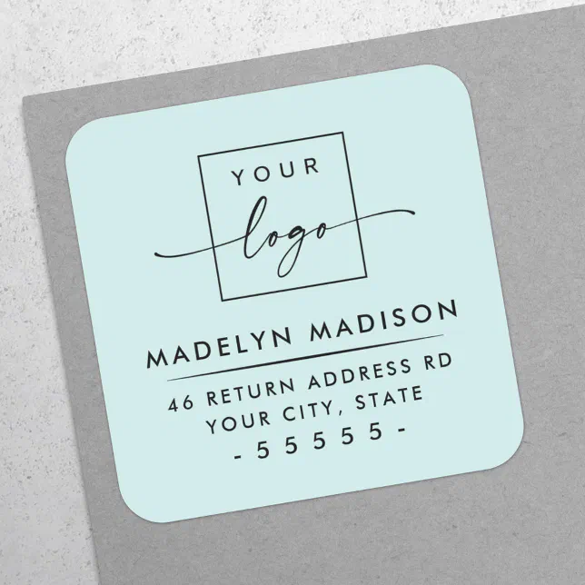 Custom logo modern light aqua blue return address square sticker | Zazzle