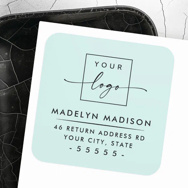 Custom logo modern light aqua blue return address square sticker | Zazzle