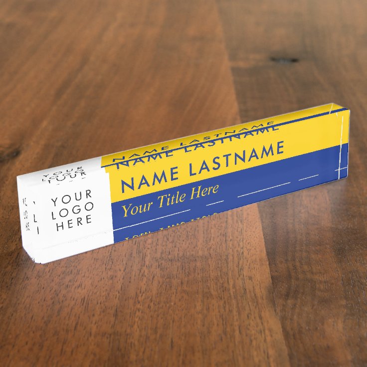 Custom Logo Modern Navy Blue and Yellow Desk Name Plate | Zazzle