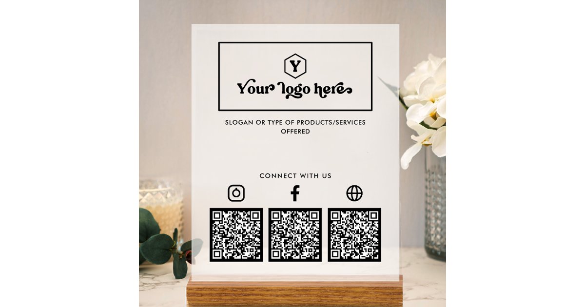 Custom Logo Multi Social Media QR Codes Business Acrylic Sign | Zazzle