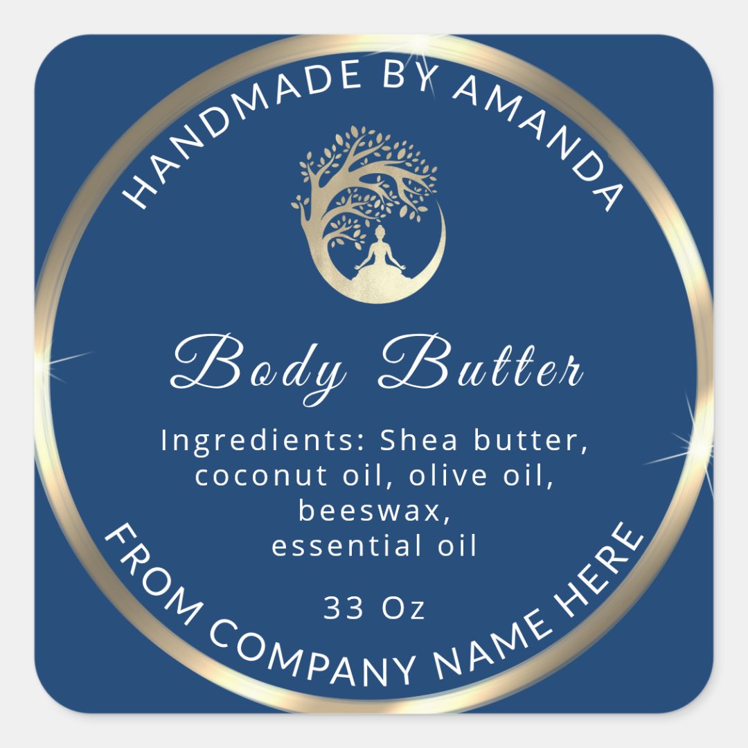 Custom Logo Name Body Butter Cosmetics Gold Blue Square Sticker | Zazzle