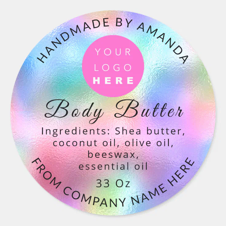 Custom Logo Name Body Butter Cosmetics Holograph Classic Round Sticker ...