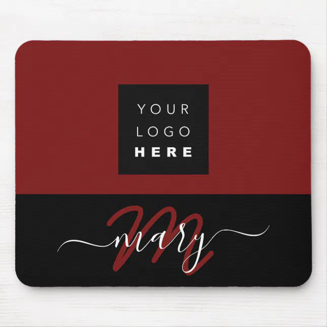 Custom Logo Name Monogram Black White BUrgundy Mouse Pad | Zazzle
