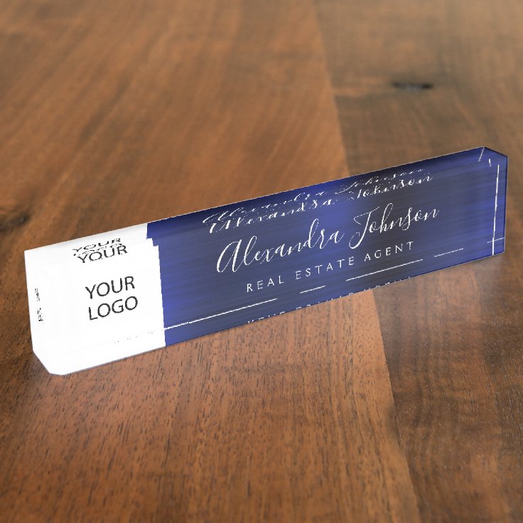 Custom Logo Navy Blue Elegant Professional Desk Name Plate | Zazzle