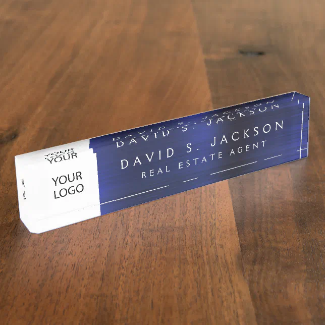 Custom Logo Navy Blue Elegant Professional Desk Name Plate | Zazzle