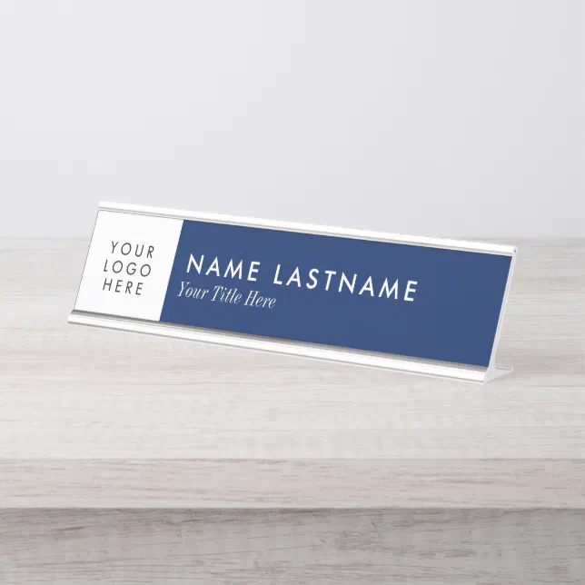 Custom Logo Navy Blue White Desk Nameplate | Zazzle