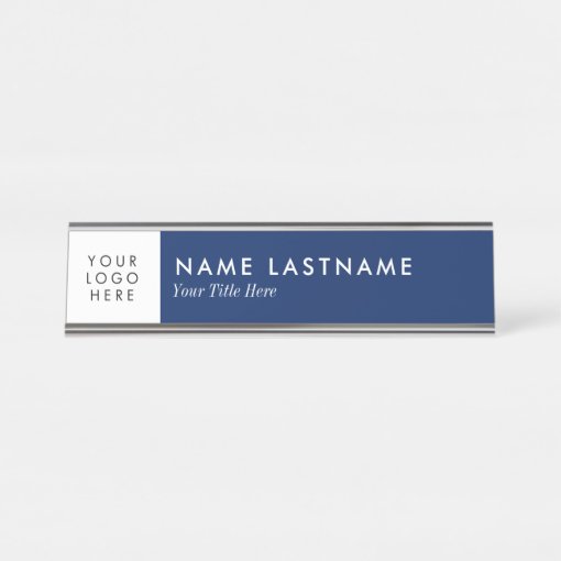 Custom Logo Navy Blue White Desk Nameplate | Zazzle