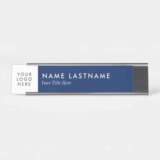 Custom Logo Navy Blue White Desk Nameplate | Zazzle