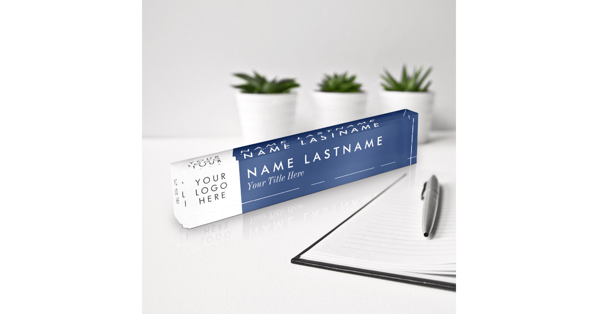 Custom Logo Navy Blue White Desk Nameplate | Zazzle