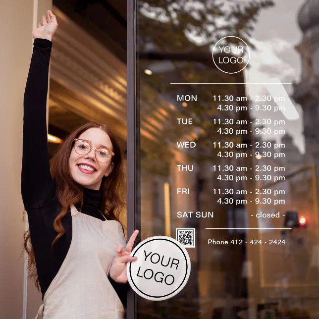 Custom Logo Opening Hours With Break QR Code Window Cling | Zazzle