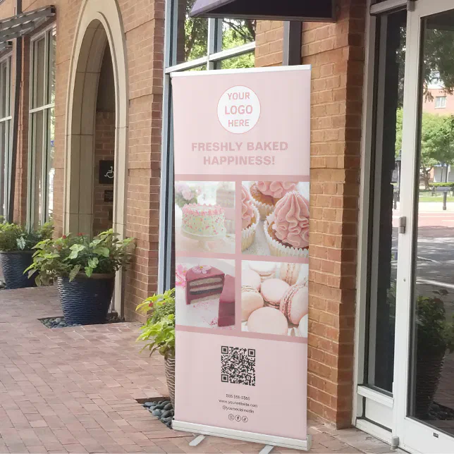 Custom Logo Photo Collage QR Bakery Business Pink Retractable Banner ...