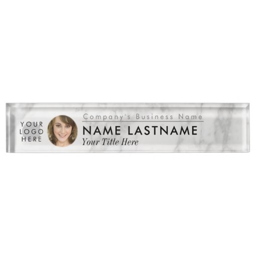 Custom Logo Photo Grey White Marble Professional Desk Name Plate | Zazzle