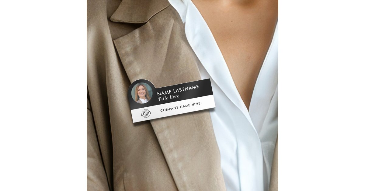 Custom Logo Photo Title Black White Employee Name Tag | Zazzle