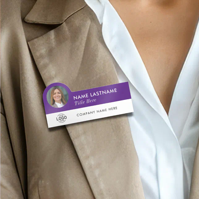 Custom Logo Photo Title Purple White Employee Name Tag | Zazzle