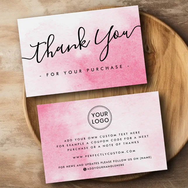 Custom logo pink watercolor thank you insert card | Zazzle