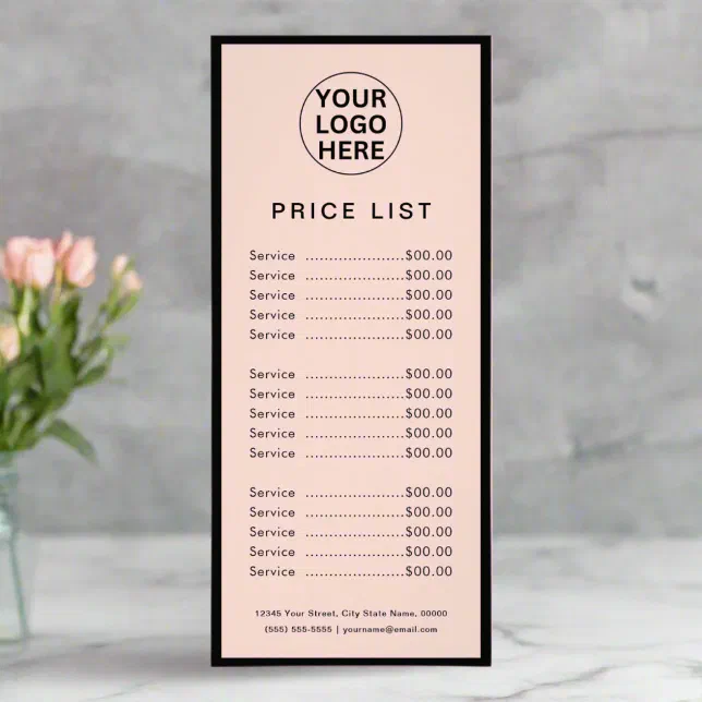 Custom Logo Price List Services Blush Pink Rack Card | Zazzle