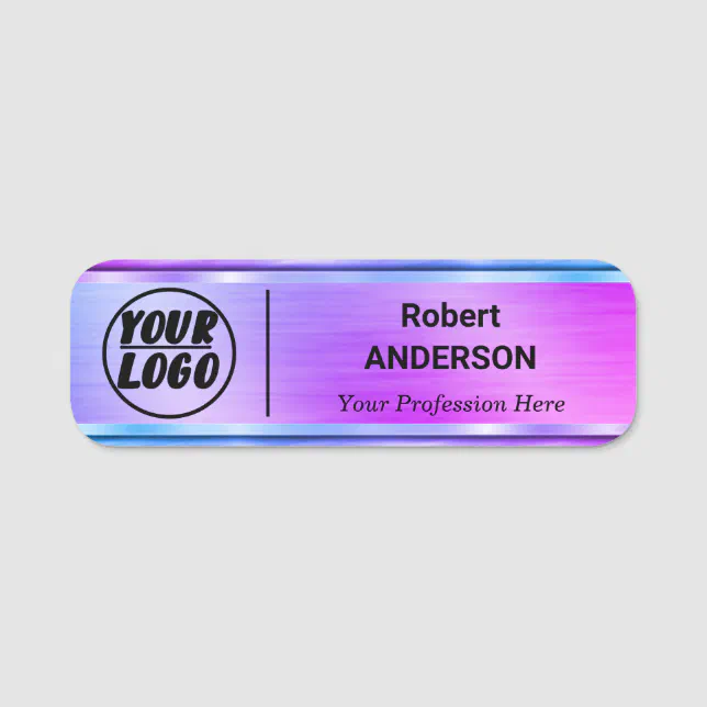 Custom Logo Professional Employee Faux Glam Purple Name Tag | Zazzle