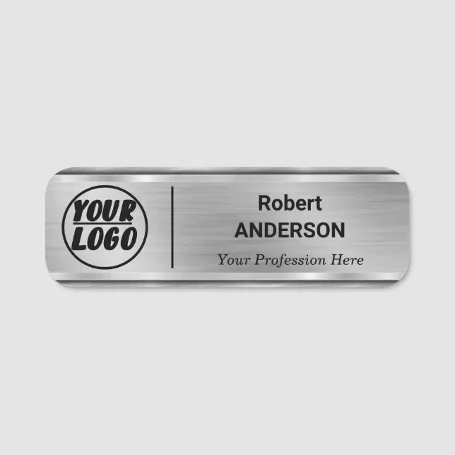 Custom Logo Professional Employee Faux Silver Name Tag | Zazzle