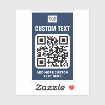 Custom logo, QR code and text dark blue and white Sticker | Zazzle