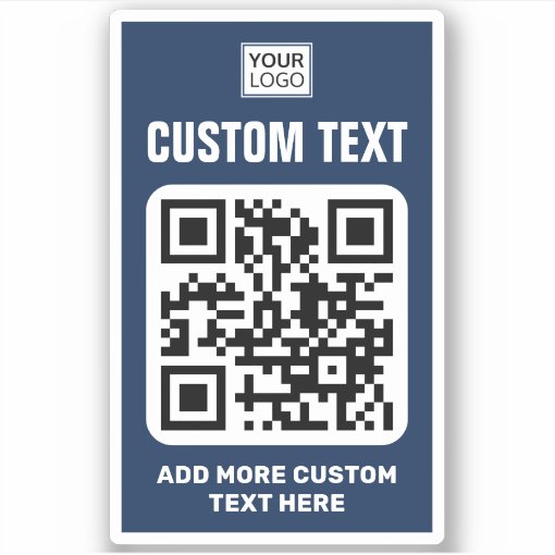 Custom logo, QR code and text dark blue and white Sticker | Zazzle