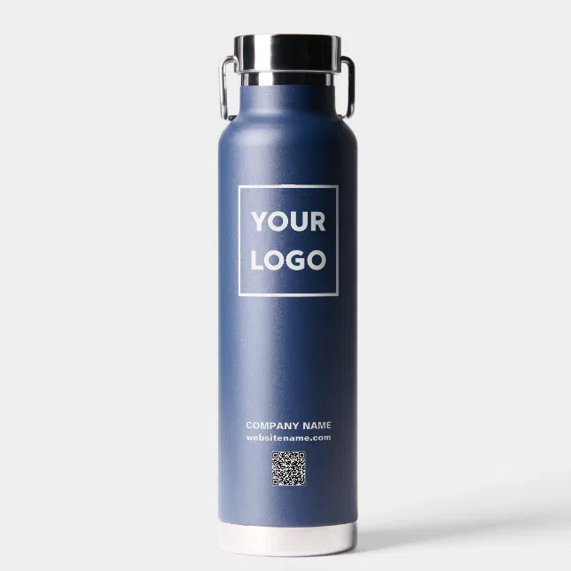 Custom Logo QR Code and Text on 2 Sides Blue Water Bottle | Zazzle