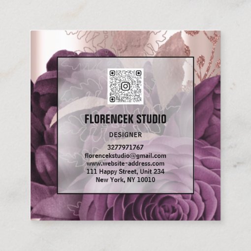 Custom Logo QR CODE Beautique Floral Purple Rose Square Business Card ...